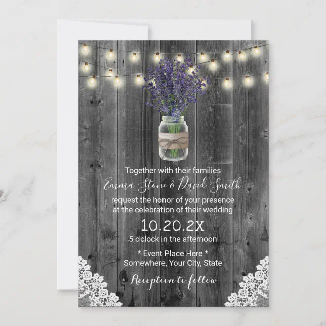 Vintage Lavender Floral Jar Rustic Laced Wedding Invitation | Zazzle