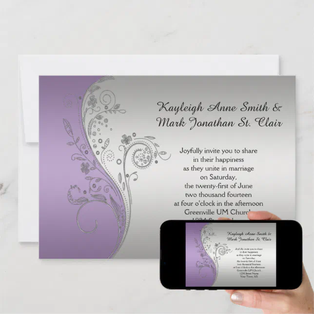 Vintage Lavender Purple Silver Wedding Invitation | Zazzle