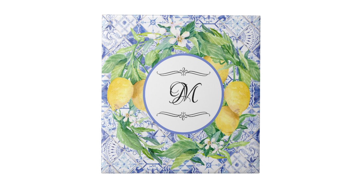 Vintage Lemon Floral Wreath Blue White w Monogram Ceramic Tile | Zazzle