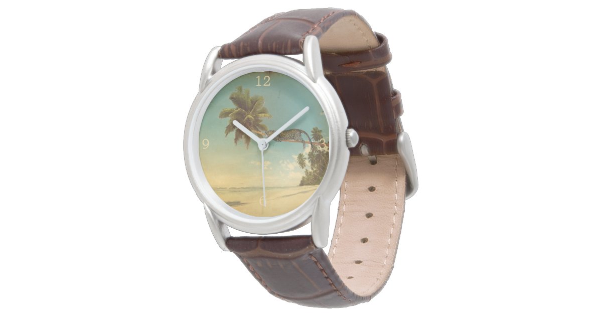 Vintage Leopard Palm Tree Beach Watch | Zazzle