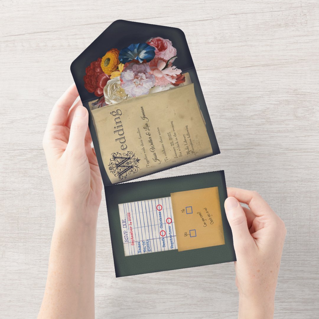 Vintage Library Book All in One Wedding Invite | Zazzle