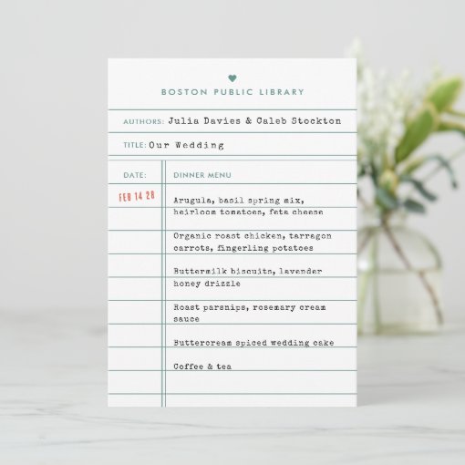 Vintage Library Book Check Out Card Wedding Menu | Zazzle