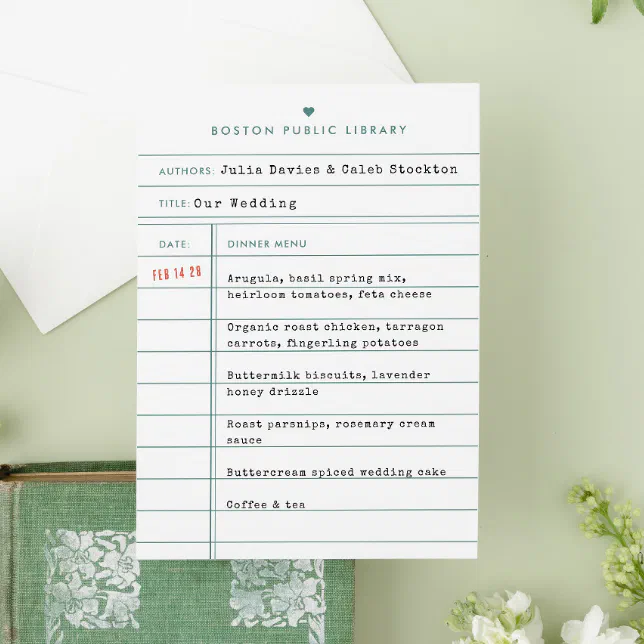 Vintage Library Book Check Out Card Wedding Menu | Zazzle