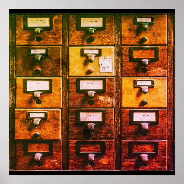 Vintage library card catalog wood cabinet poster | Zazzle