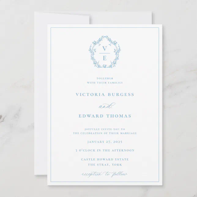 Vintage Light Blue Crest Monogram Wedding Invitation | Zazzle