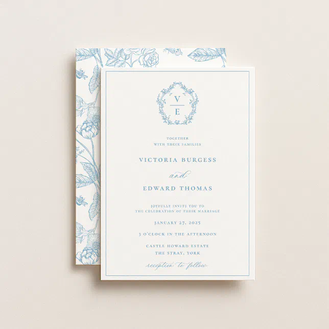 Vintage Light Blue Crest Monogram Wedding Invitation | Zazzle