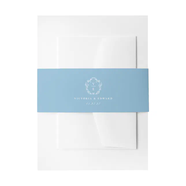 Vintage Light Blue Crest Monogram Wedding Invitation Belly Band | Zazzle