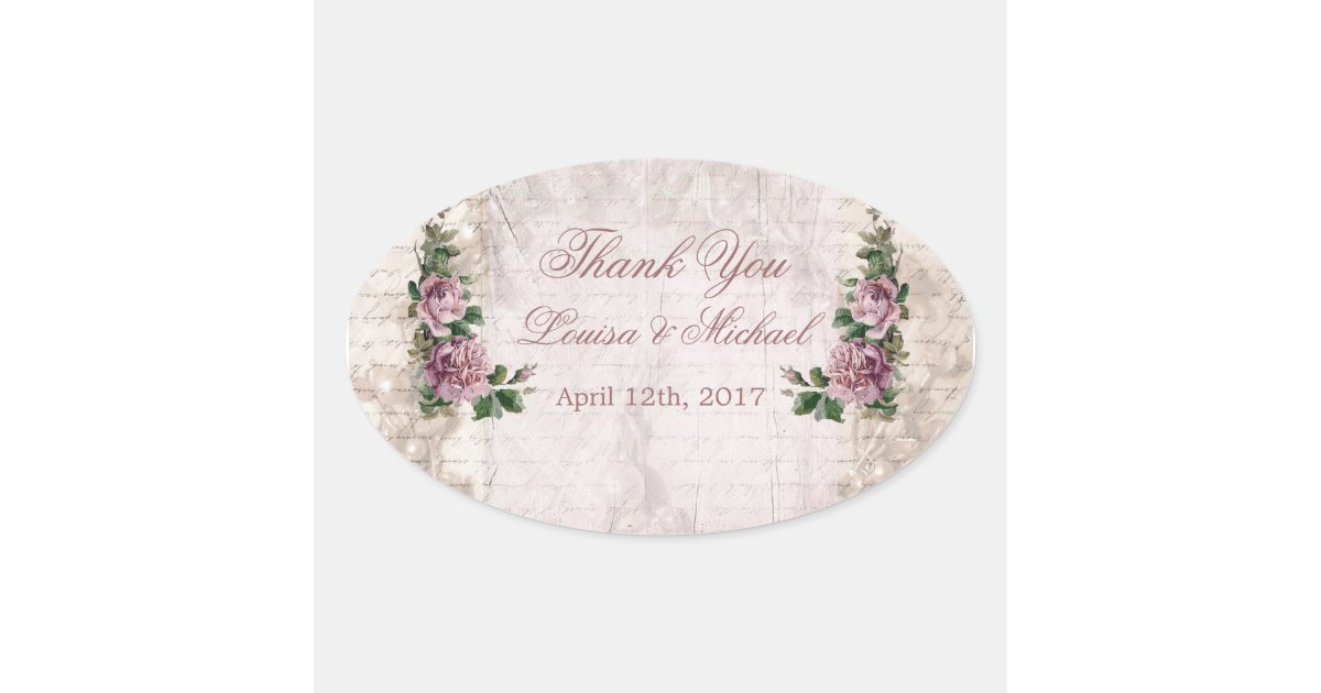 Vintage light pink roses Wedding Thank You Sticker | Zazzle