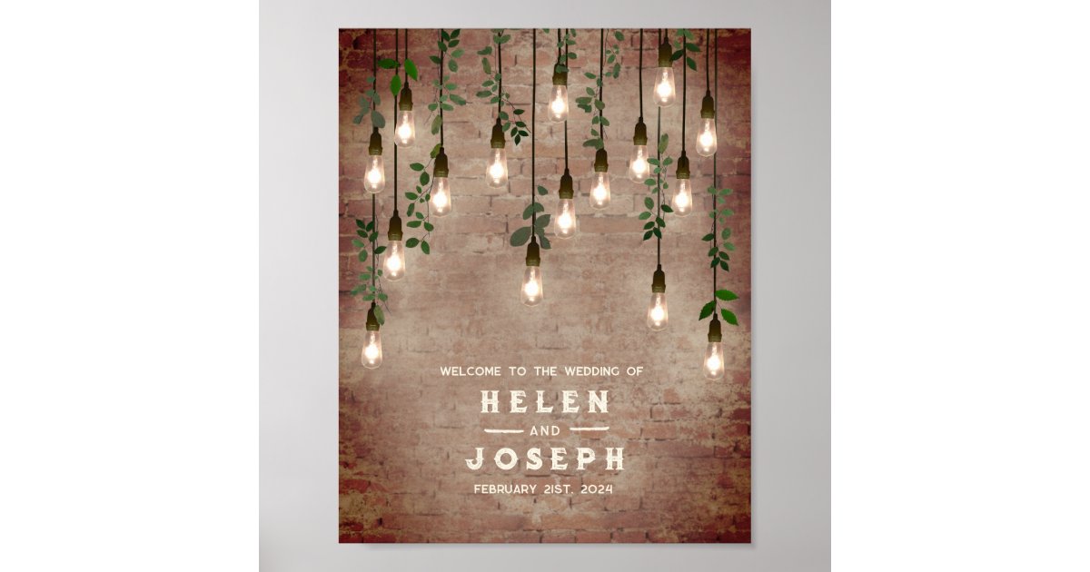Vintage Lightbulbs Rustic Brick Wedding Welcome Poster | Zazzle