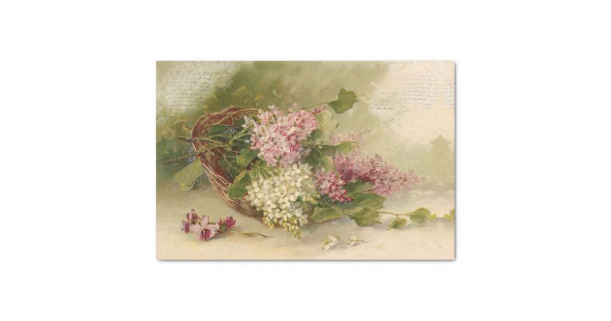 Vintage Lilacs and Script Writing Floral Decoupage Tissue Paper | Zazzle