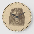 Vintage Lion Illustration on Burlap Large Clock | Zazzle