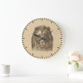 Vintage Lion Illustration on Burlap Large Clock | Zazzle