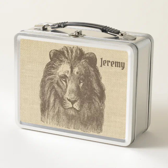 Vintage Lion Illustration on Burlap Personalized Metal Lunch Box | Zazzle