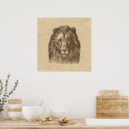 Vintage Lion Illustration on Burlap Poster | Zazzle