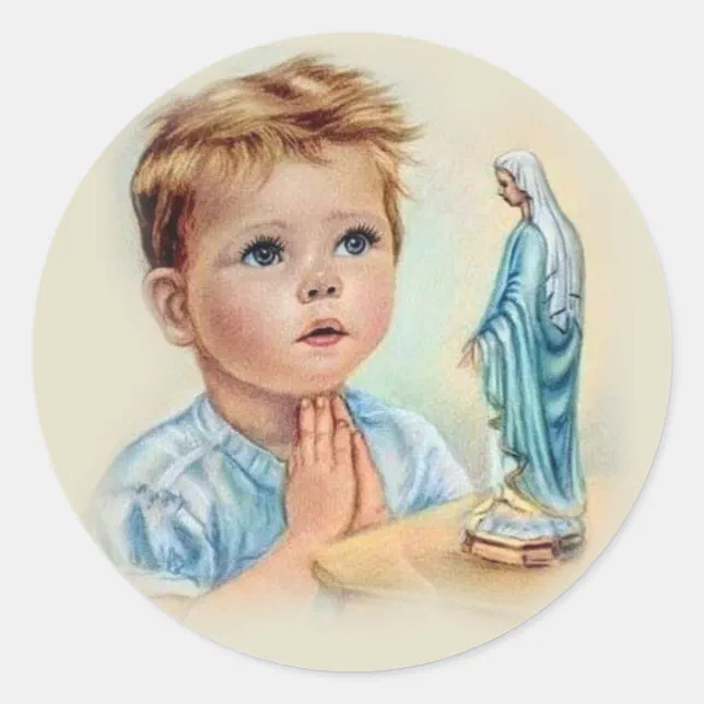 Vintage little boy praying to Blessed Virgin Mary Classic Round Sticker ...
