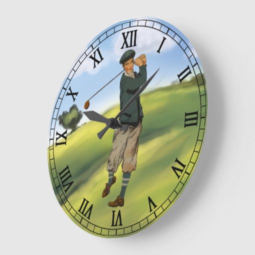 Vintage look Golfer Golf taking a swing Large Clock | Zazzle