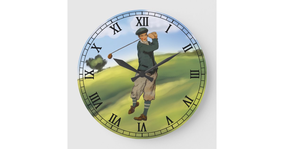Vintage look Golfer Golf taking a swing Large Clock | Zazzle