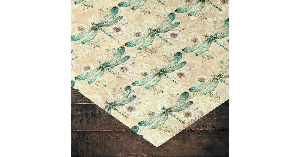 Vintage Look Green Dragonfly and Flowers on Tan Tissue Paper | Zazzle