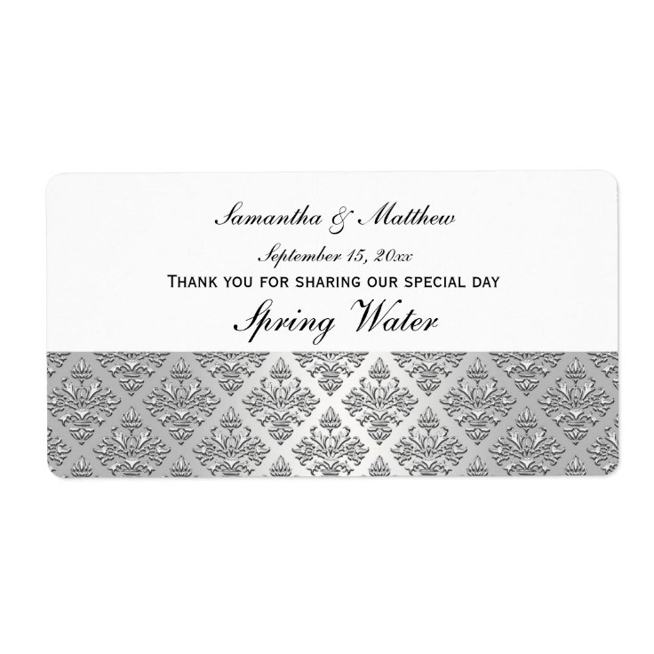 Vintage Look Silver & White Damask #3 Water Label | Zazzle