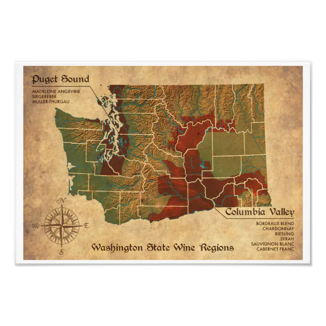 Vintage Looking Washington State Wine Region Map Photo Print | Zazzle