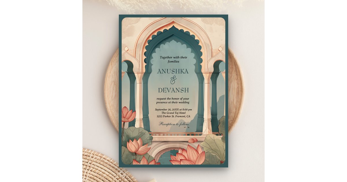 Vintage Lotus Floral Arch Indian QR Code Wedding Invitation | Zazzle
