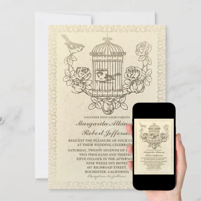 vintage love birds cage wedding invitations | Zazzle