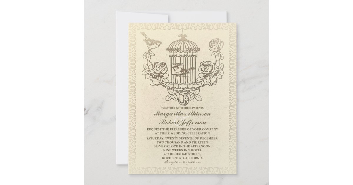 vintage love birds cage wedding invitations | Zazzle