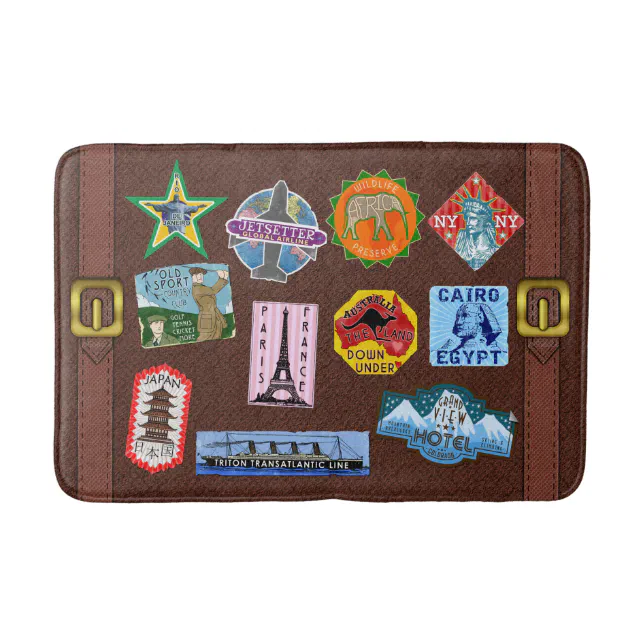 Vintage Luggage World Travel Suitcase Stickers Bath Mat | Zazzle