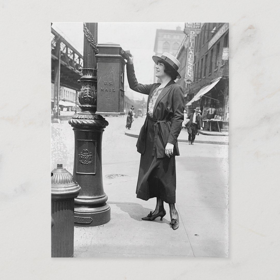Vintage mailbox and woman mailing letter photo postcard | Zazzle