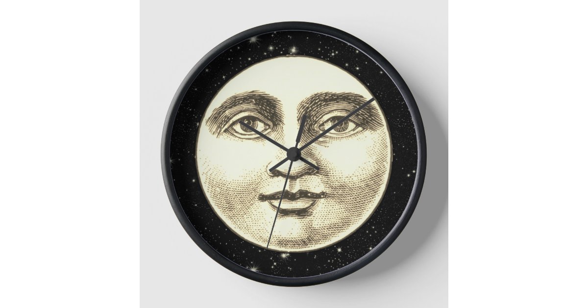 Vintage man in the moon full face black sepia clock | Zazzle