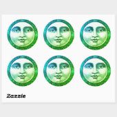 Vintage man in the moon full face teal blue green classic round sticker ...