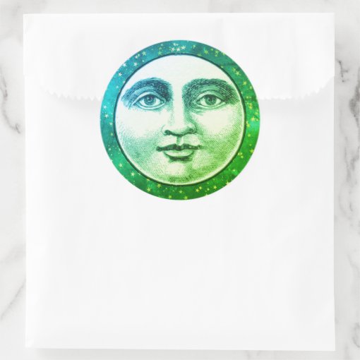 Vintage man in the moon full face teal blue green classic round sticker ...