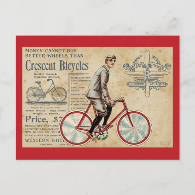 Vintage Man Riding Red Bicycle Postcard | Zazzle