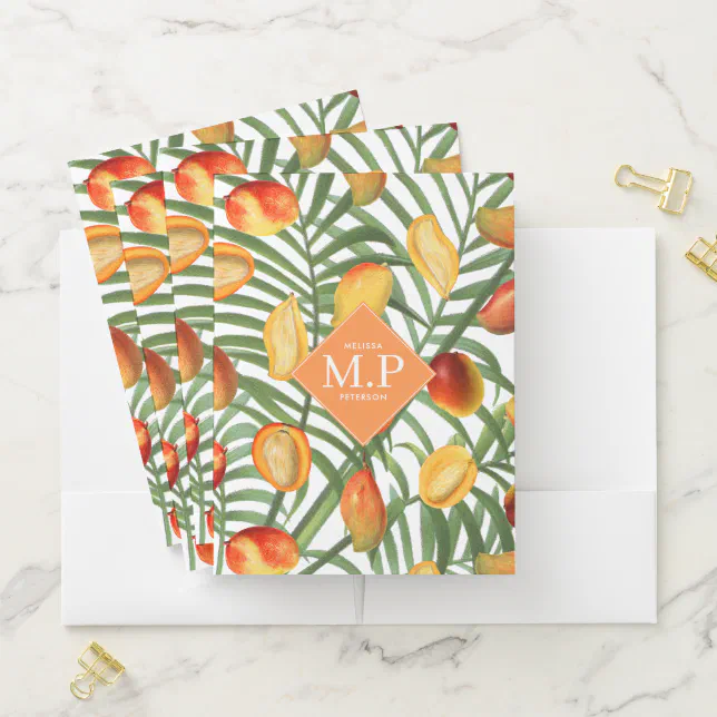 Vintage Mango & Greenery Summer Fruit Monogram Pocket Folder | Zazzle