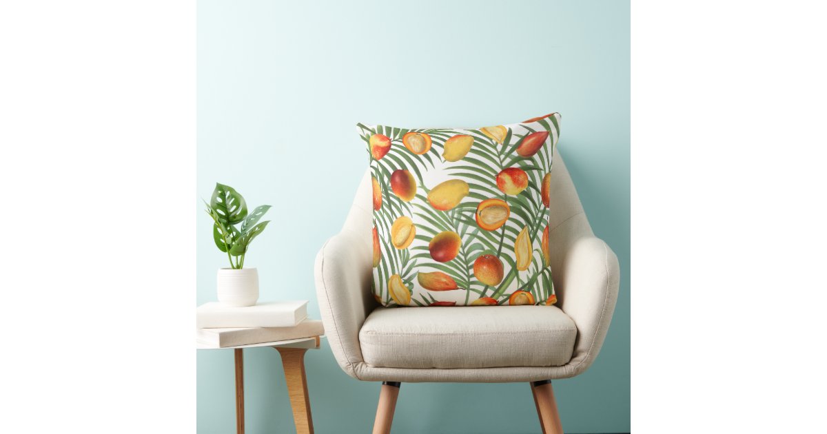 Vintage Mango & Greenery Summer Fruit Pattern Throw Pillow | Zazzle