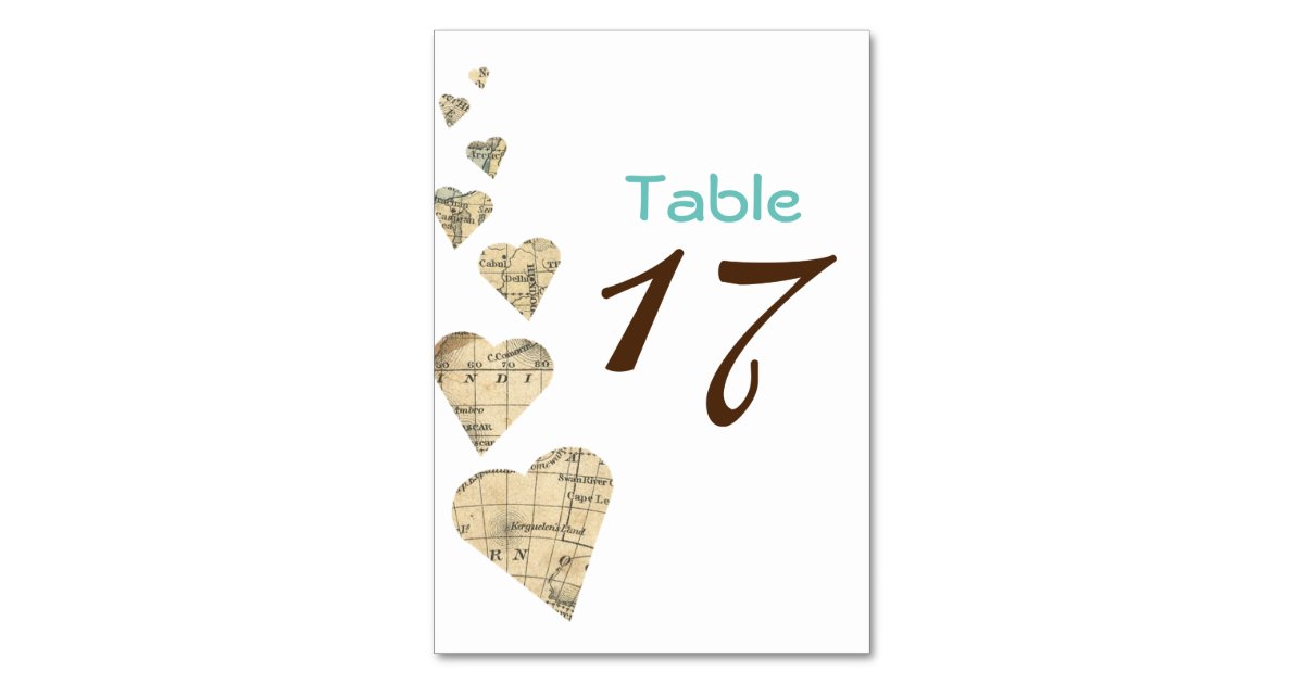 Vintage Map Hearts Table Number | Zazzle