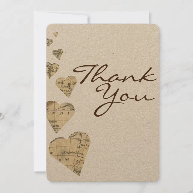 Vintage Map Hearts Thank You card | Zazzle