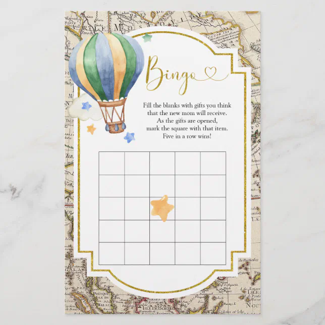 Vintage Map Hot Air Balloon Baby Shower Bingo | Zazzle