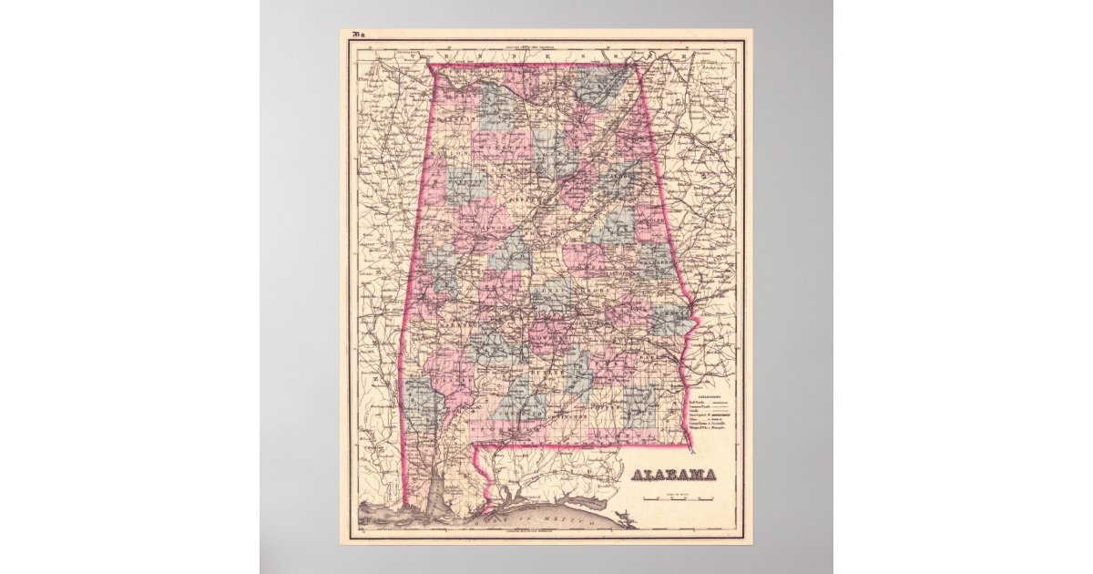 Vintage Map of Alabama Counties (1876) Poster | Zazzle