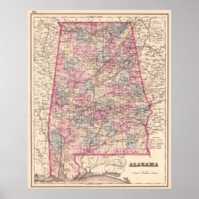 Vintage Map of Alabama Counties (1876) Poster | Zazzle