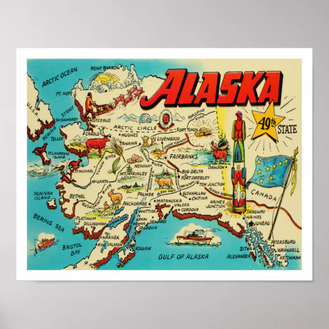 Vintage map of Alaska in fun retro colors Poster | Zazzle