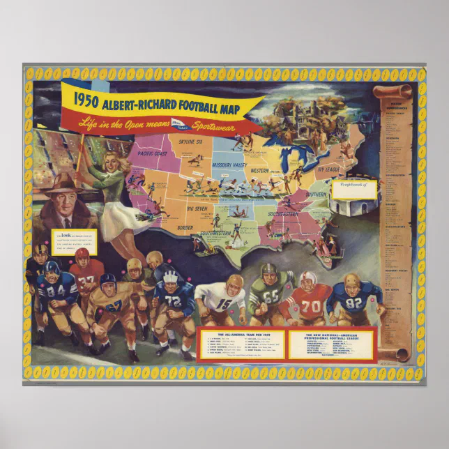 Vintage Map of American Football from the 1950s Poster | Zazzle