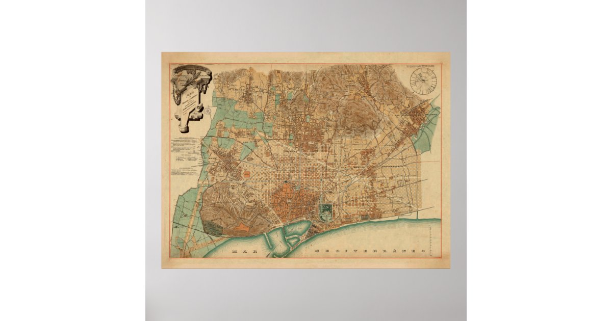 Vintage Map of Barcelona Spain (1890) Poster | Zazzle