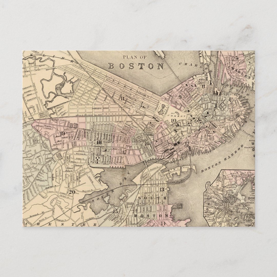 Vintage Map of Boston (1880) Postcard | Zazzle