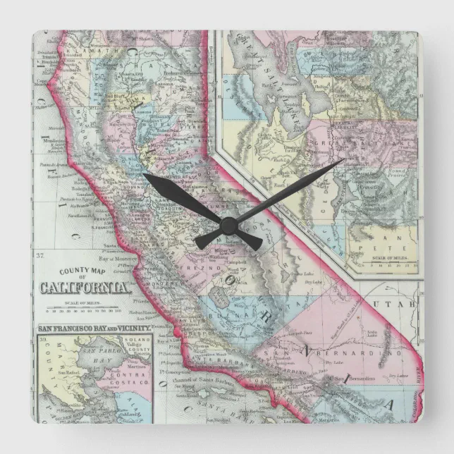 Vintage Map of California (1860) Square Wall Clock | Zazzle