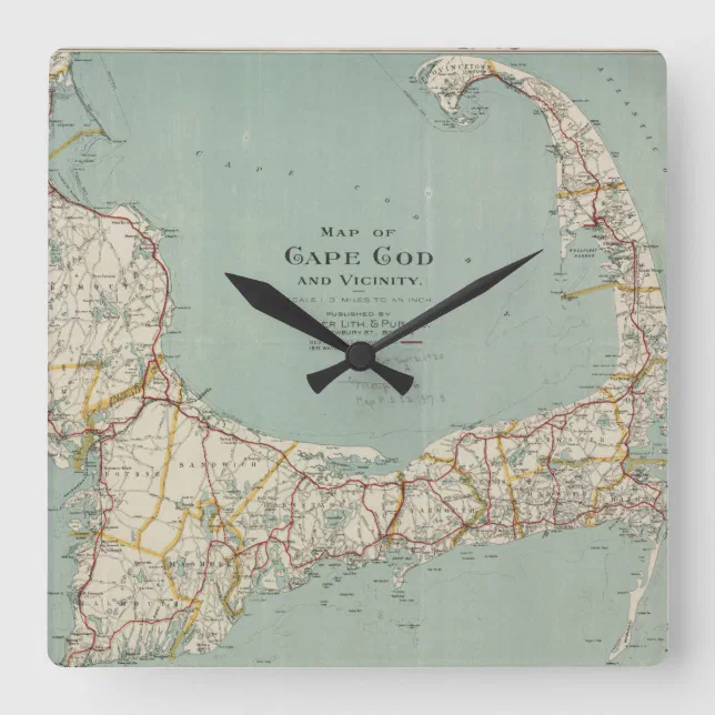 Vintage Map of Cape Cod (1917) Square Wall Clock | Zazzle
