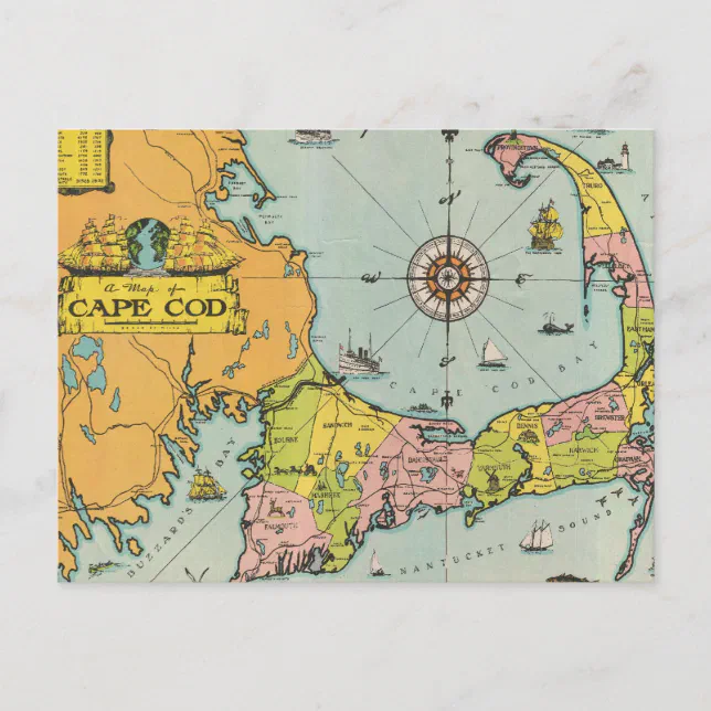 Vintage Map of Cape Cod Postcard | Zazzle