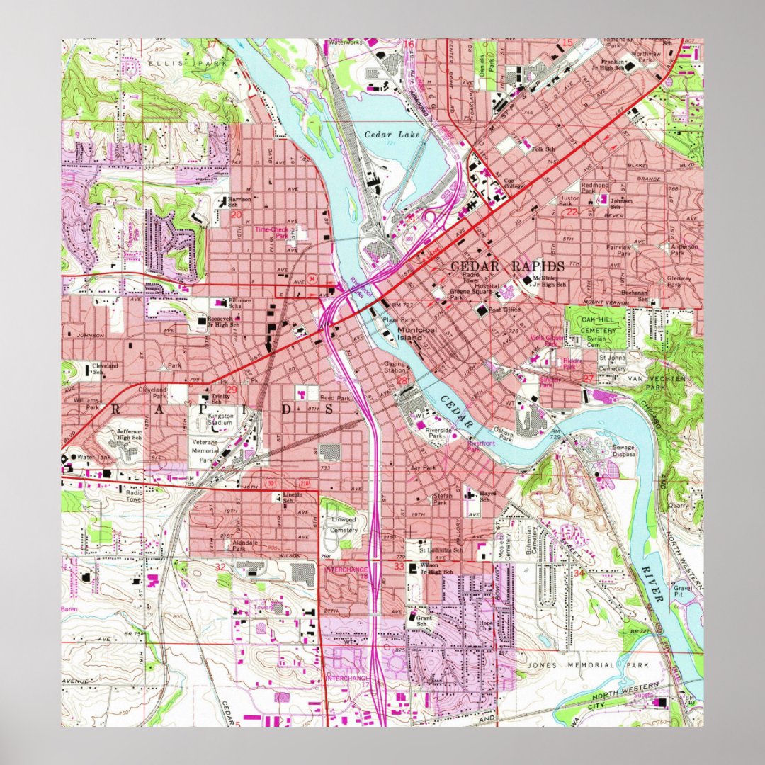Vintage Map of Cedar Rapids Iowa (1967) Poster | Zazzle