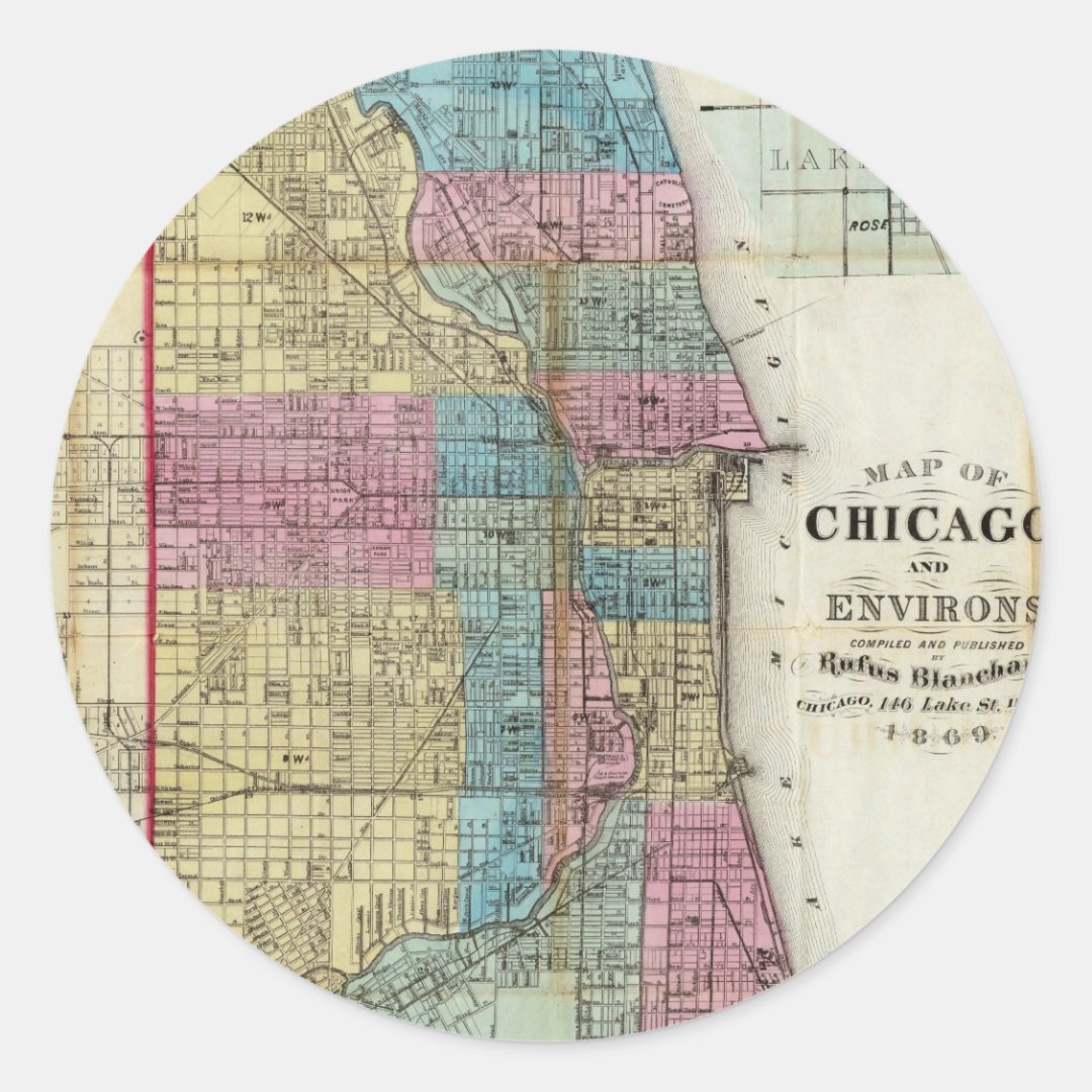 Vintage Map of Chicago (1869) Classic Round Sticker | Zazzle