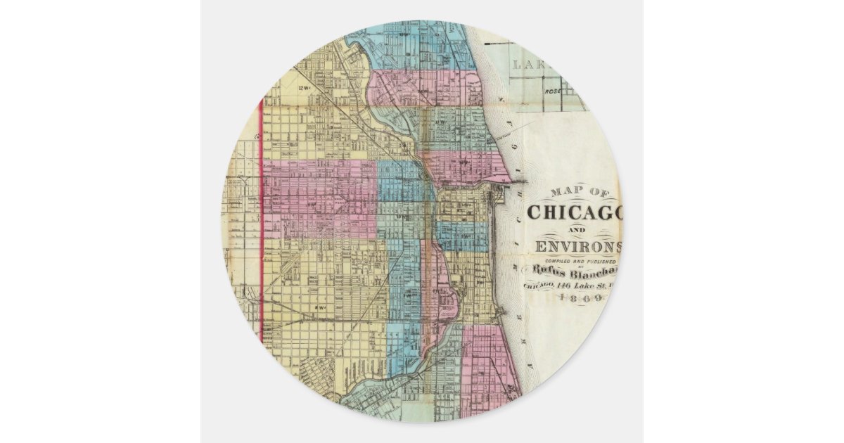 Vintage Map of Chicago (1869) Classic Round Sticker | Zazzle